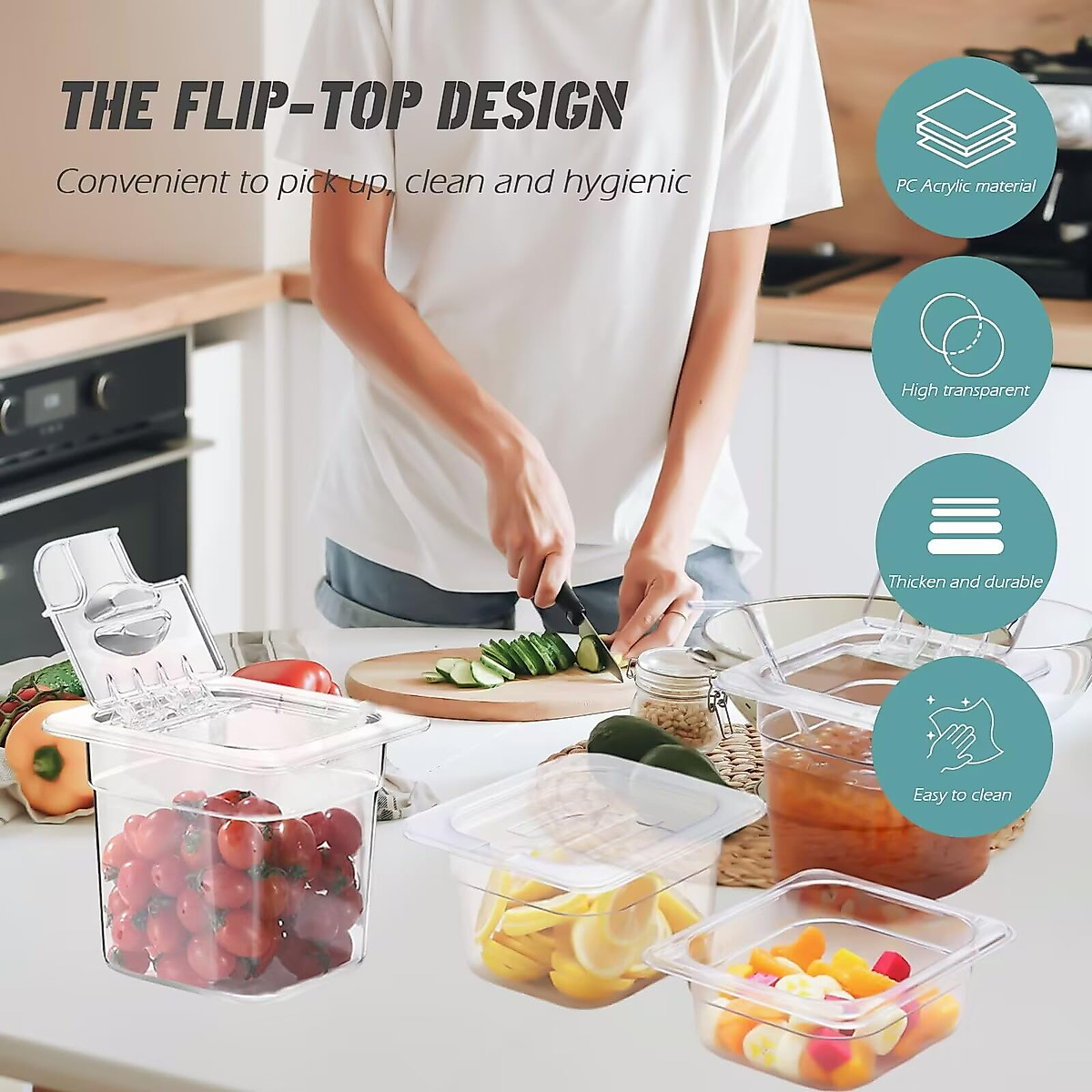 4 Pack Plastic Food Pan with Lid Deep Clear Plastic Food Pan Commercial Hotel Clear Food Storage Containers Polycarbonate Restaurant Storage Container Pans for Fruits Vegetables Beans Corns