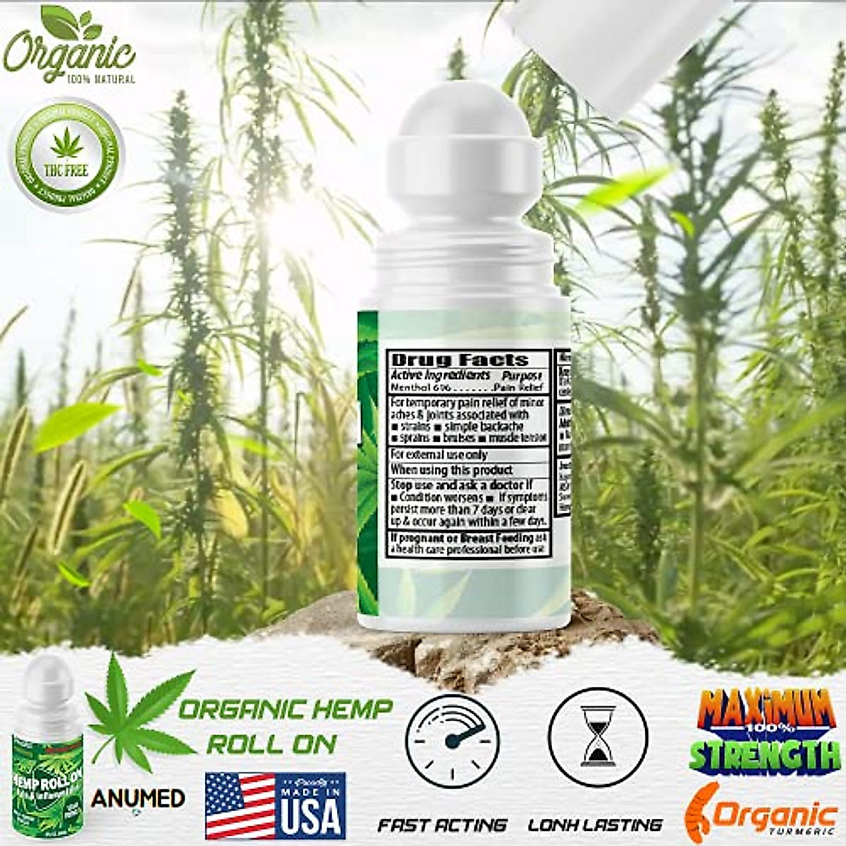 ANUMED Hemp Roll-On 4000mg Pain Relief. Fast Acting, Long Lasting, Maximum Strength with Arnica + Turmeric for Anti-Inflammatory, Natural Recovery, Joint, Muscle, Nerve Pain Reliever 2 Packs of (1oz)