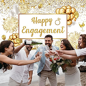 White Gold Engagement Party Decorations Happy Engagement Banner Large Engaged Banner Backdrop Decorations Congratulations Engagement Party Decor Just Engaged Banner Pre-Wedding Party Decor