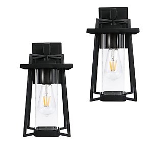 MONKFISH 2462-1W Black Quartet Design Outdoor Wall Light with Clear Glass Lamp Shade, Good Lamp Fixture for Porches, Gardens, Terraces, Garages, Corridors and Balconies (2-Pack)