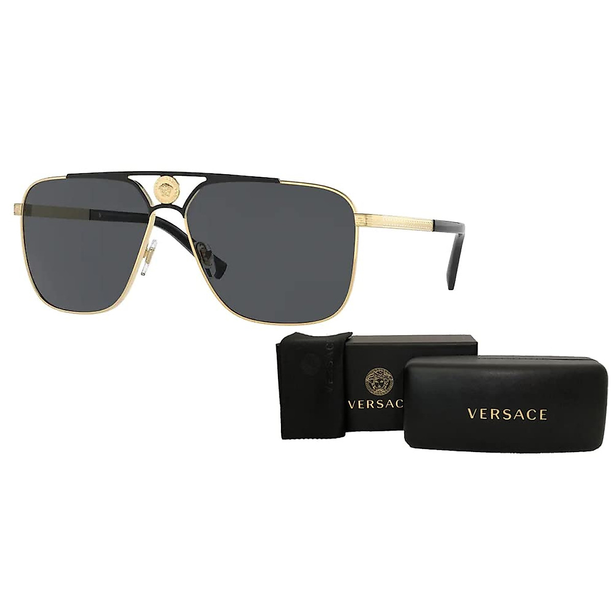 Versace VE2238 143687 61MM Gold/Matte Black/Dark Grey Rectangular Sunglasses for Men + BUNDLE With Designer iWear Eyewear Kit