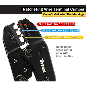 TITAN 11477 Ratcheting Wire Terminal Crimper Tool for Insulated Terminals, Fixed Jaw Crimper