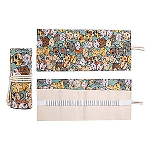 Canvas Pencil Roll Wrap 12/24/36/48 Holes, Multiuse Cartoon Cat Roll Up Pencil Case Large Capacity Pen Curtain for Coloring Pencil Holder Organizer