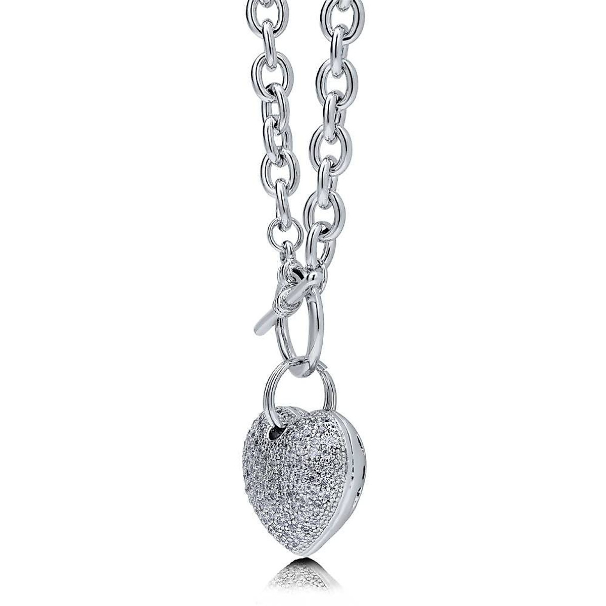 BERRICLE Heart Cubic Zirconia CZ Anniversary Toggle Pendant Necklace for Women, Silver-Tone