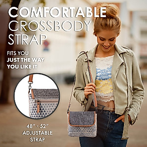 SIXTEASE Crossbody Bag for Women Vintage Style Genuine Leather, Upcycled Canvas, Rug, or Hair On - Cross Body Womens Bags with Inside Zipper Pockets - Triangular Fusion