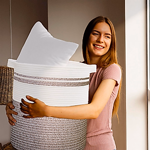 Large Laundry Hamper Basket, Clothes Hamper for Bedroom, Nursery, Living Room - Jute Woven Rope Basket with Handles, Collapsible laundry baskets for Toys, Pillows, Blankets-20x16in-63L Brown & White