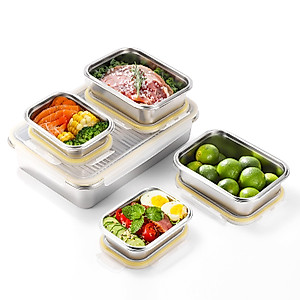 GEEJA 18/8 Stainless Steel Food Storage Containers, Meal Preparation Container Set, Baking Pan, Leak Proof Stackable Light and Easy Storage, Metal Set of 5 (2PC 21oz/2PC 43oz/1PC 169oz)