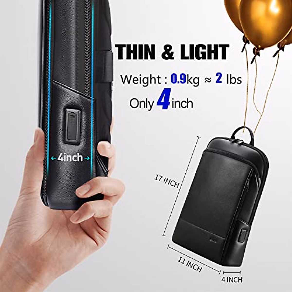 BOPAI Unisex Slim Genuine Leather Laptop Backpack Men for 15-15.6 inch Business Smart Professional Lightweight Backpack with USB Charging Office Commuter Computer Rucksack Executive Anti Theft Black