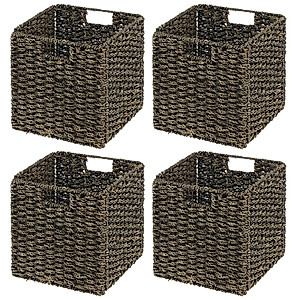 mDesign Seagrass Woven Cube Basket Organizer with Handles - Storage for Bedroom, Office, Living Room, Bathroom, Perfect for Cubby Storage Units - Hold Blankets, Magazines, Books - 4 Pack - Black Wash