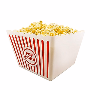 Novelty Place Plastic Red & White Striped Classic Popcorn Containers for Movie Night - 8" Square x 7" Deep (1 Pack)