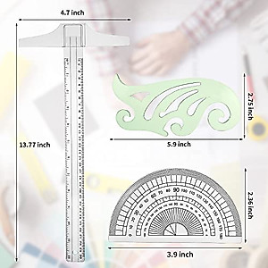 5 Pieces Drafting Tools Plastic Transparent Rulers Drawing Ruler 12 Inch T-Square 180 Degree Protractor, 2 Triangles and a French Curve for Students and Engineering Drawing