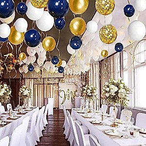 Navy Blue Balloons Garland Kit, 120 pcs Navy and Gold Confetti White Balloons Arch with 16ft Tape Strip & Dot Glue for Party Wedding Birthday DIY Decoration