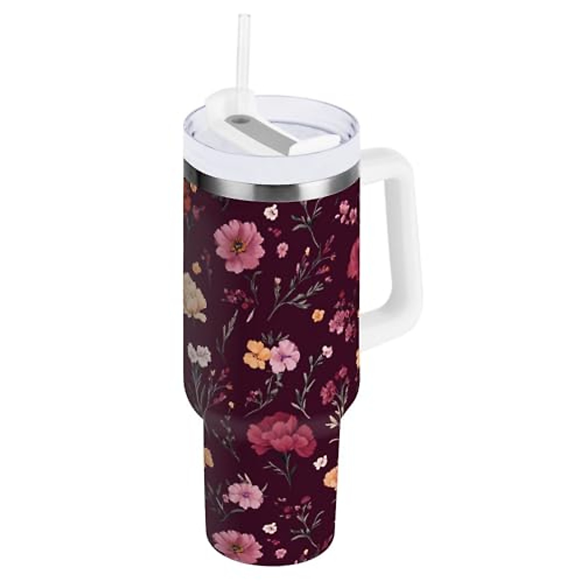 linqin Pink Flowers Peonies Burgundy Vacuum Tumbler Insulated Leak-proof Lid and Straw 40 oz Stainless Steel Water Bottle Reusable Office Mug for School, Daycare, Camp