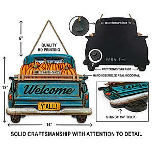 Interchangeable Welcome Sign for Front Door Blue Farmhouse Truck Decor Hanging Sign with 11 Interchangeable Seasonal and Holiday Decor Signs 12x14 in. (Blue Farmhouse Truck)