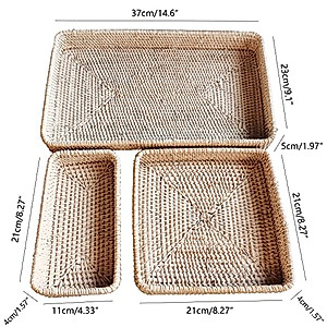 Set of 3 Handmade White Rattan Rectangle Serving Tray Washed White Wicker Serving Organizer Tabletop Fruit Platter with 2”Wall 14 Inch Decorative Bread Drinks Snack Storage Serving Basket Tray