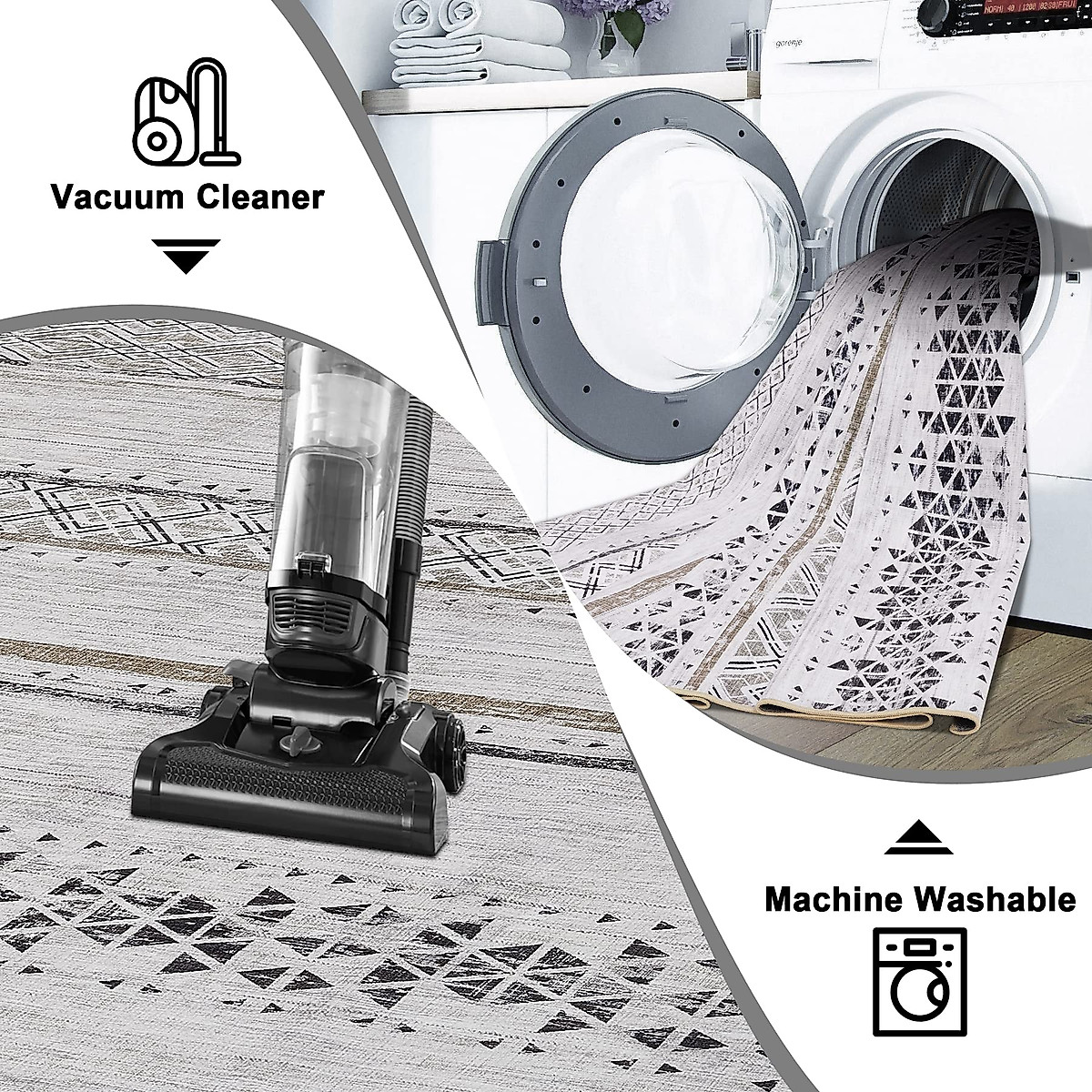 8x10 Area Rugs for Living Room Bedroom: Large Machine Washable Rug with Non-Slip Backing Non Shedding Stain Resistant, Soft Geometric Moroccan Carpet for Dining Room Nursery Home Office - Brown/Ivory