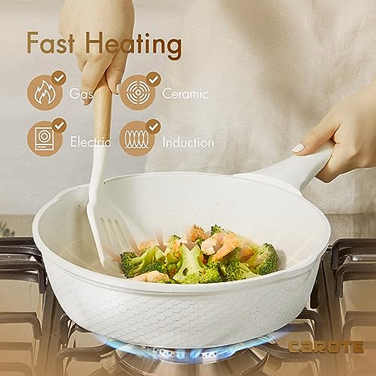 CAROTE 14 Pcs Nonstick Cookware Sets, Pots and Pans Sets Kitchen, Cooking Pots White Induction Non Stick Set w/Frying Pans & Saucepans(PFOS, PFOA Free)