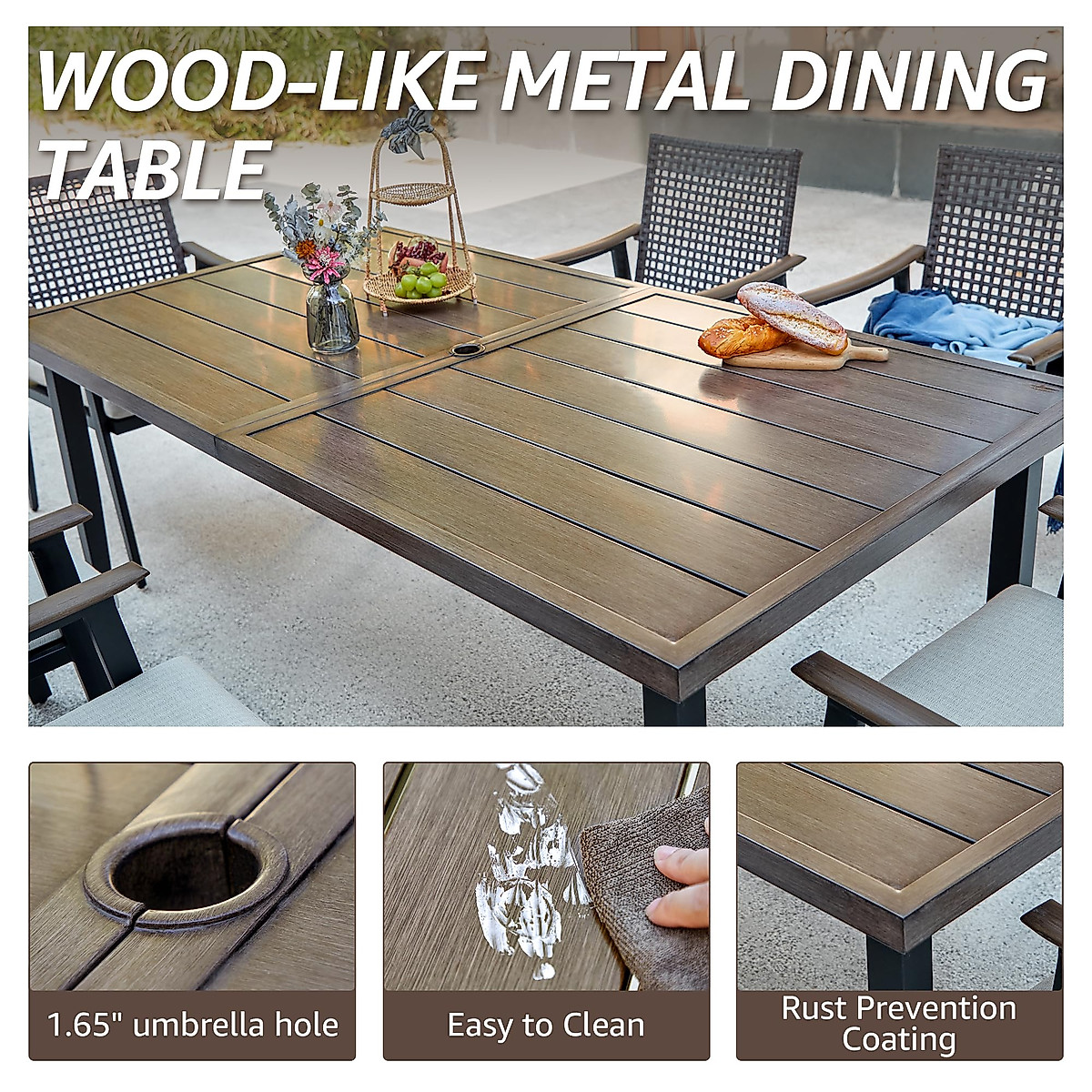 NATURAL EXPRESSIONS 7 Piece Patio Dining Table Outdoor Furniture Set, 6 Rattan Wicker Chairs with Cushions and 70” Large Dining Table with 1.65'' Umbrella Hole for Patio, Garden, Porch, Pool Beige