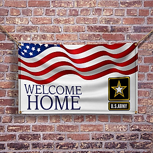 BannerBuzz Vinyl Banner, Welcome Home US Army, PVC Flex, 11 oz, Hemmed Edges with Grommets, Single Sided Print, Full Color 600DPI Eco Solvent Printing (6' X 3')