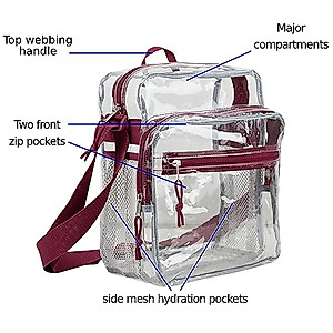 Eastsport Stadium Approved Clear Bag w/Adjustable Crossbody Strap 12” x 10” x 6” – See Through Transparent Messenger Bag - Burgandy