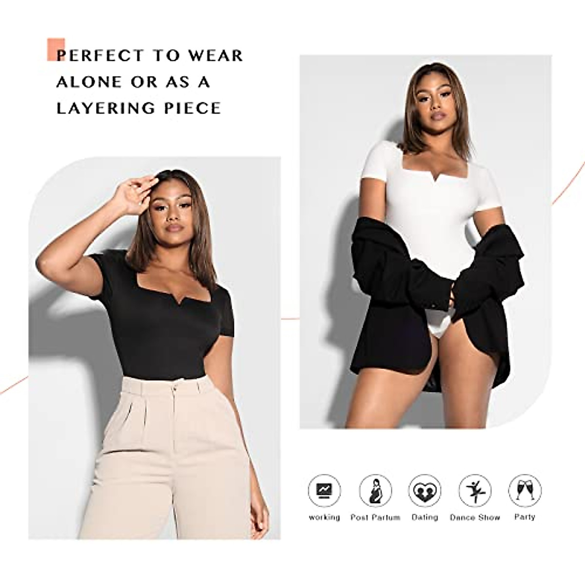 FeelinGirl Women's Body Thong Tummy Control Shapewear Short Sleeve Top Scoop / V Neck Leotards Suit, B-white-notch Neck, Medium