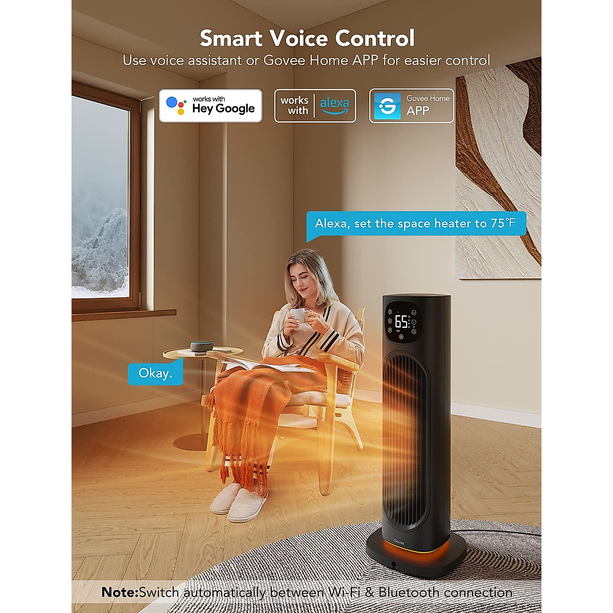 Govee Smart Space Heater for Indoor Use, 1500W Ceramic Tower Heater with Thermostat APP&Voice Control, Quiet Portable Electric Heater with RGB Night Light for Large Rooms, Bedroom, Office