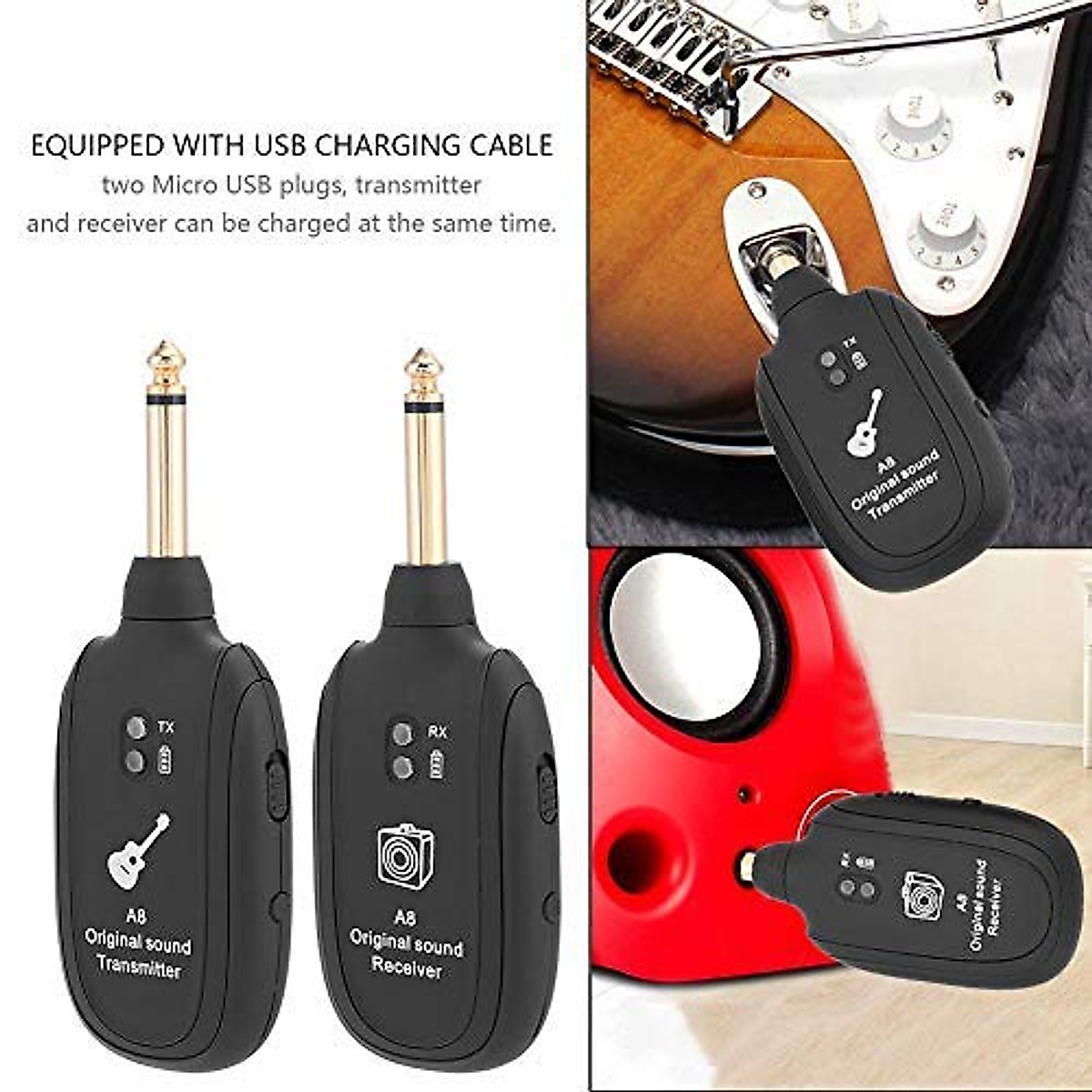 UHF Wireless Guitar System, Acogedor Guitar Transmitter Receiver, Built-in Rechargeable Battery, Wireless Audio Transmission Set for Electric Guitar Bass