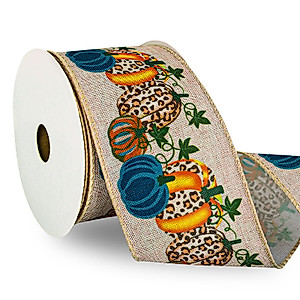 Waline Autumn Harvest Fabric Pumpkin Ribbon - Blue Vintage Farmhouse Wrapping Ribbon for Thanksgiving Day Wreath and Floral Bow DIY Crafts Decoration