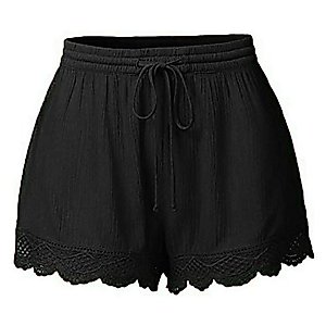 Womens Shorts for Summer Plus Size Casual Drawstring Soft Lace Crochet Elastic Waist Solid Color Bermuda Running Shorts Womens Shorts (Black,XXXXL)