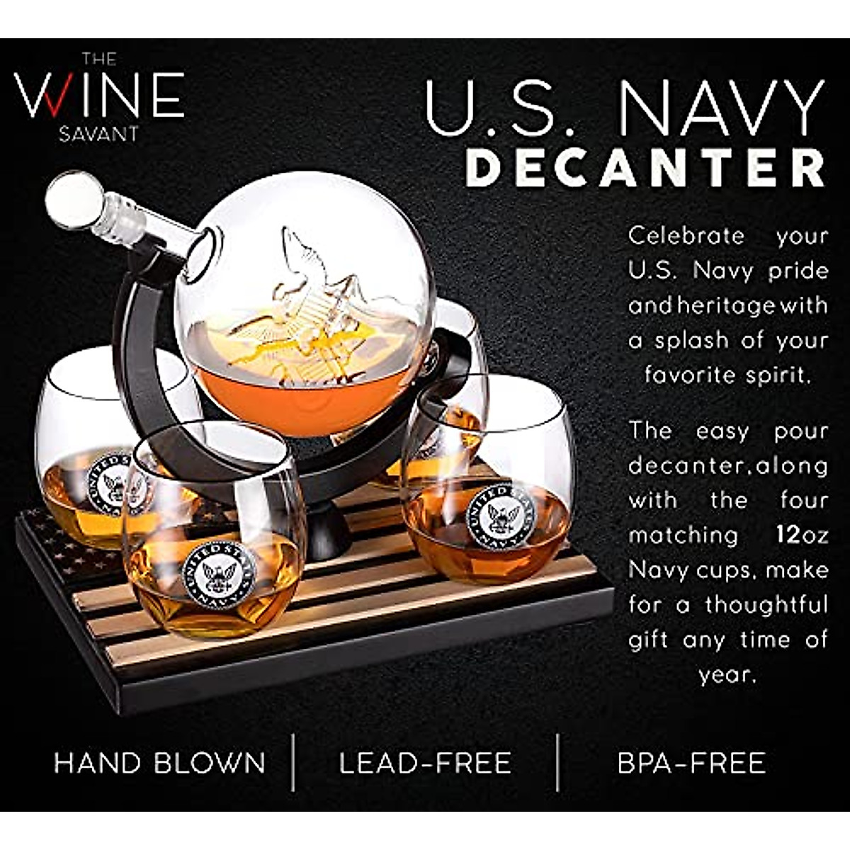 Globe Whiskey Decanter Set with 4 Liquor Glasses - Navy Whisky Decanter & Glass Set with Wood Base and 9 Whiskey Stones - Father's Day - Navy Gifts for Men - Bourbon and Scotch Military Gifts for Dad