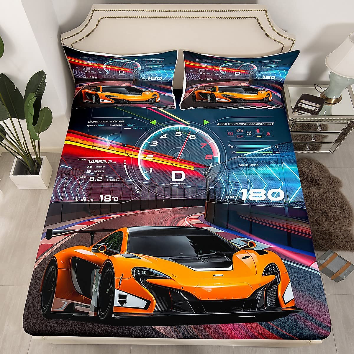 Feelyou Race Car Bedding Sheets Boys Extreme Sports Sheet Set for Kids Boys Cool Car Bedding Fitted Sheet Car Sports Bed Sheets 1 Sheet Set with 2 Pillowcases Full Size