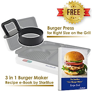 Hamburger Grill Maker by StarBlue with FREE Burger Press and Recipes eBook - Portable and Multipurpose Machine AC120V 60HZ 1000W
