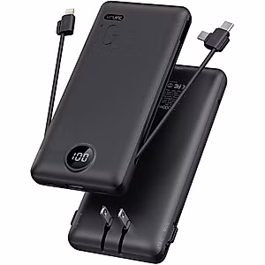 VRURC Portable Charger Built-in Cables and AC Wall Plug, USB C Power Bank 10000mAh, [2023 Upgraded Version] Phone Charger Compact Lightweight External Battery Pack for Smart Phones, Tablets etc-Black