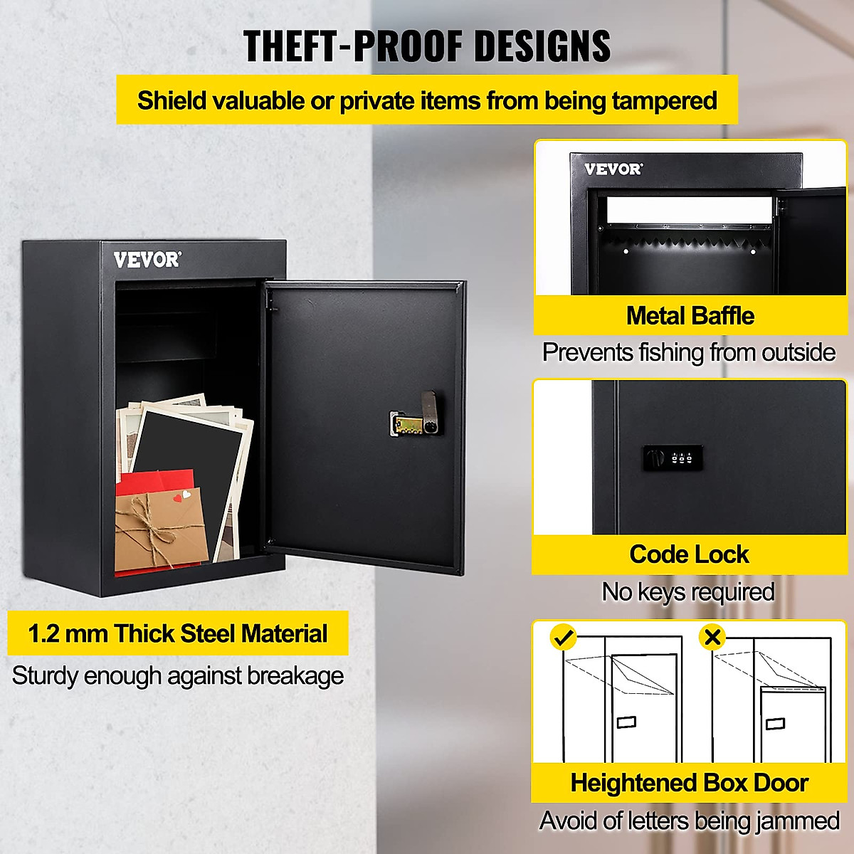 VEVOR Through The Wall Drop Box, 12.5''x6.3''x16.9'' Mail Drop Box w/Adjustable Chute, Deposit Drop Box w/Code Lock, Rainproof Wall Mount Mailbox for Letters, Rents, Check & Keys, Home & Office, Black