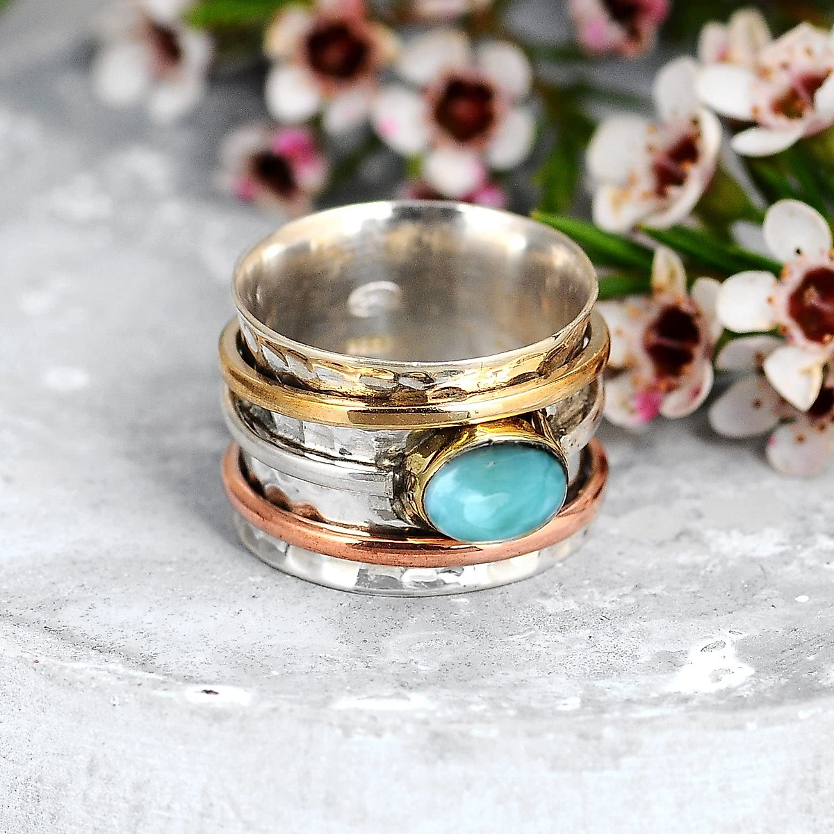 Boho-Magic 925 Sterling Silver Spinner Larimar Ring for Women with Copper and Brass Fidget Rings Bands (9)