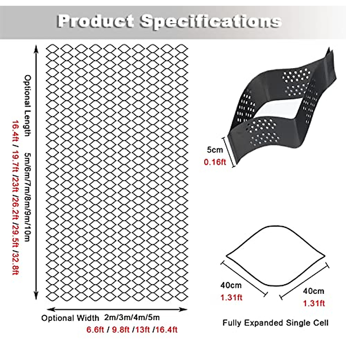 HAUTHE Ground Grid Anti-Slip Soil Geocell Stabilizer Geogrid, Flexible Ground Grid for Walkways Garden Parking, Cuttable Permeable Geo Grid for Subgrade Work (Size : 3mx8m (9.8ftx26.2ft))