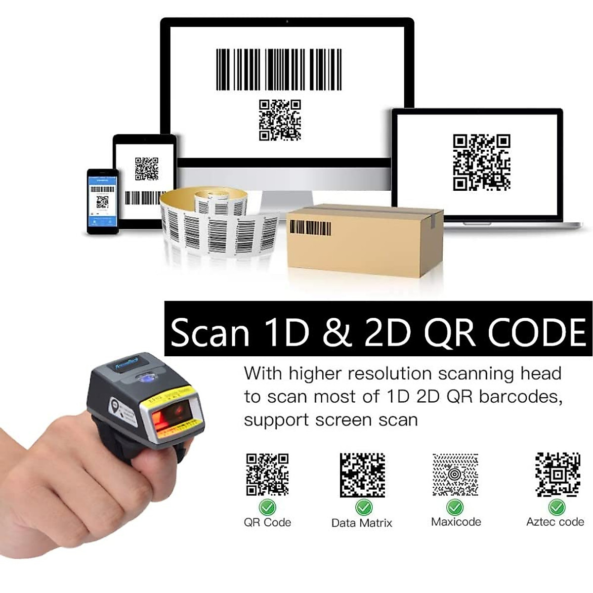 Posunitech 1D 2D Wireless Bluetooth Mini Ring Barcode Scanner IP65 EF02 Zebra SE4107 with TPU+PC & 550mAh Battery Replaceable & Battery Charger for IOS Android