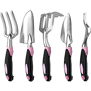 Garden Tool Set SOYUS Heavy Duty 5 Piece Gardening Kit Aluminum Alloy Garden Spade Shovel for Digging Hand Trowel Weeder Cultivator Rake with Ergonomic Non-Slip Girp Pink Garden Tools Gifts for Women