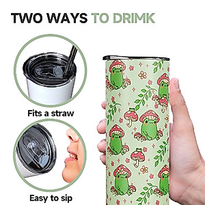 Ceovfoi Frog Gifts for Women,Cute Green Kawaii Frog Mushroom 20 Oz Tumbler with Lid and Straw,Kawaii Frog Stuff/Decor/Accessories/Things