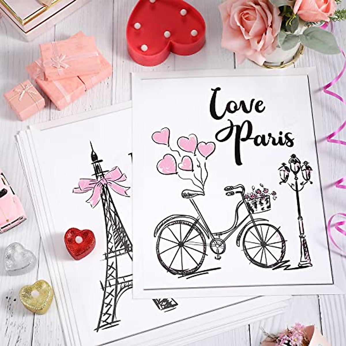 Pajean 9 Pieces Paris Wall Art Prints, Pink Eiffel Tower Bedroom Decor Romantic Paris Theme Room Decor Unframed Art Poster Decor for Girls Living Room Bathroom Kitchen Office Decor, 8 x 10 Inch