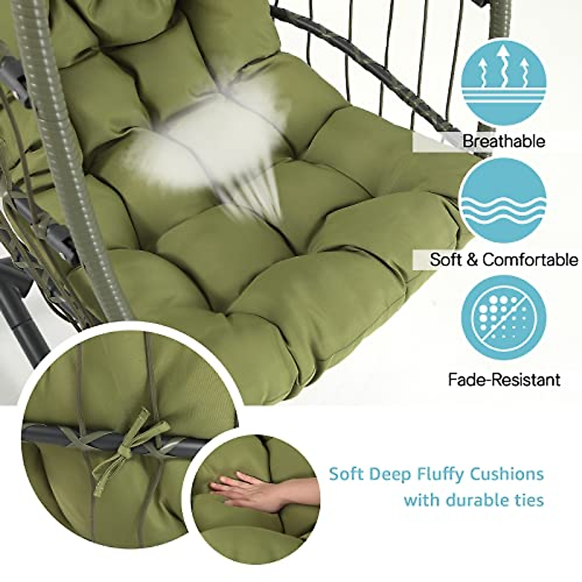 Patiorama Indoor Outdoor Egg Swing - Rattan Hanging Chair w/Cushion, 350lbs Capacity, All Weather Foldable Hammock Chair for Bedroom, Porch (Olive Green)