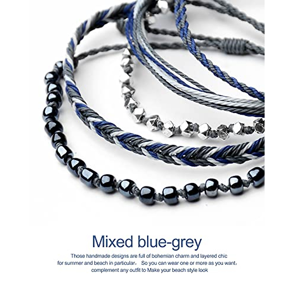 Mezcla Vida Bohemian Starfish Charm Silver Zinc Beaded Waterproof Rope Surfing Bracelets Sets For Women Teen Girls, Beach Handmade String Jewelry (GREY-BLUE)