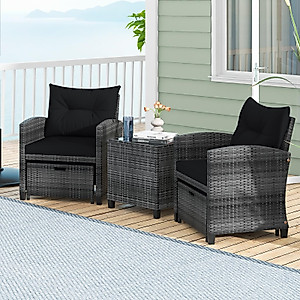 ORALNER 5 Pieces Patio Furniture Set with Ottoman, Wicker Conversation Set w/Cushions, Glass Coffee Table, Outdoor Lounger Rattan Chairs Bistro Set for Porch Balcony Garden Deck Poolside (Grey)