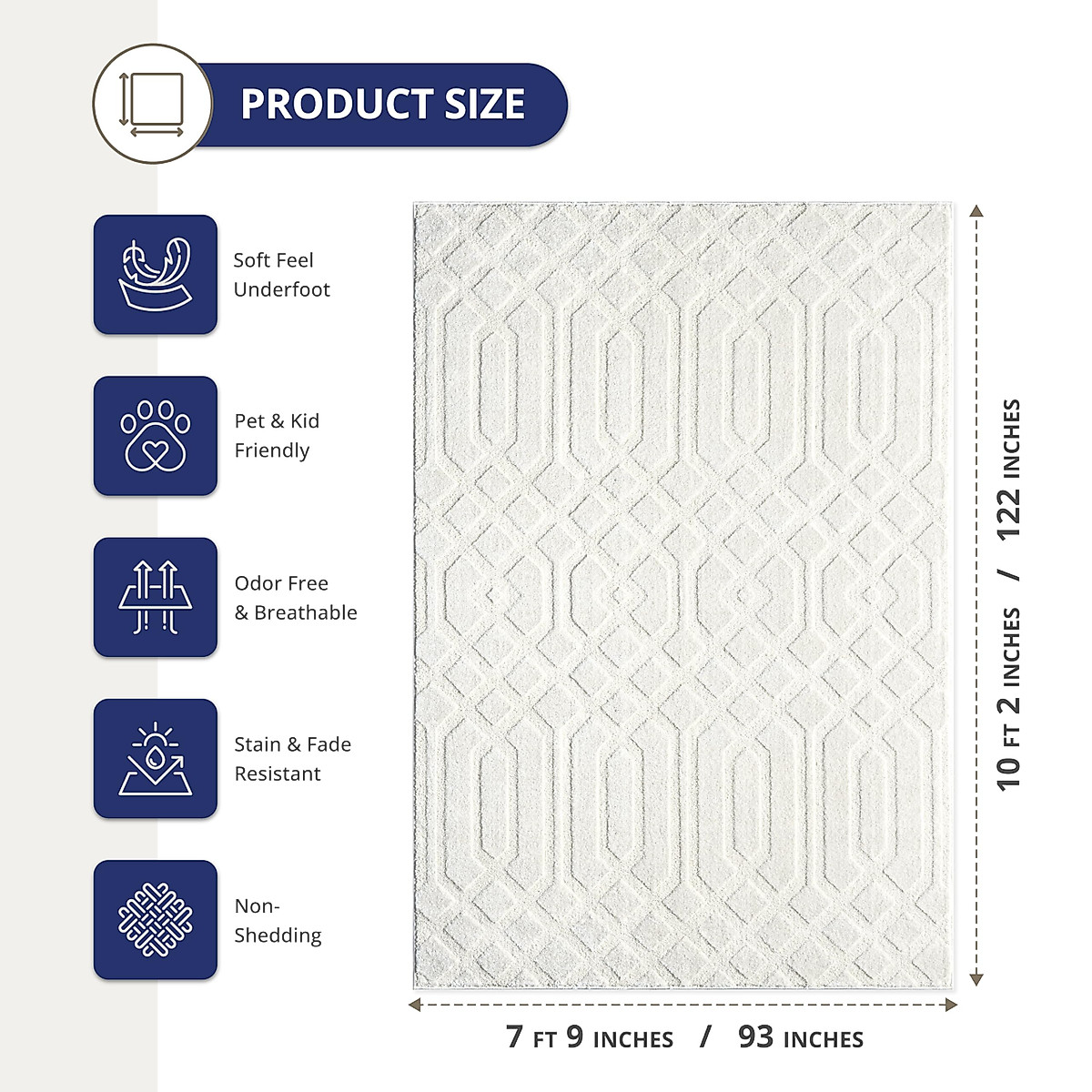 Abani Cozy Cream Area Rug for Living Room, Bedroom - Geometric Diamond Pattern - 8' x 10' - Durable & Easy to Clean