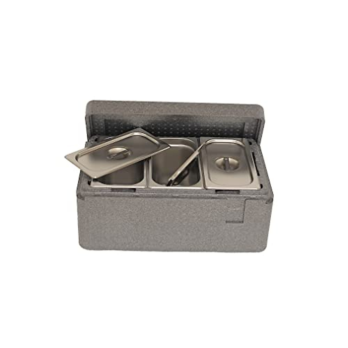 FORCOOK Top Loading EPP Insulated Food Pan Carrier with Three 8" Deep Third-Size Stainless Steel Hotel Pans 24"*15"*11.4" Gray