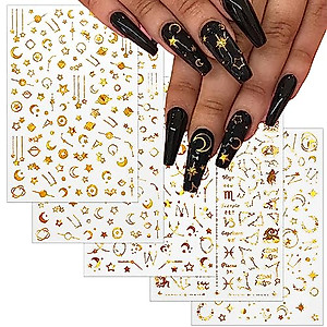 TailaiMei 12 Sheets Gold Moon Star Nail Stickers, 3D Metallic Laser Self-Adhesive Nail Art Decals for Women Manicure DIY or Nail Salon(1000Pcs)