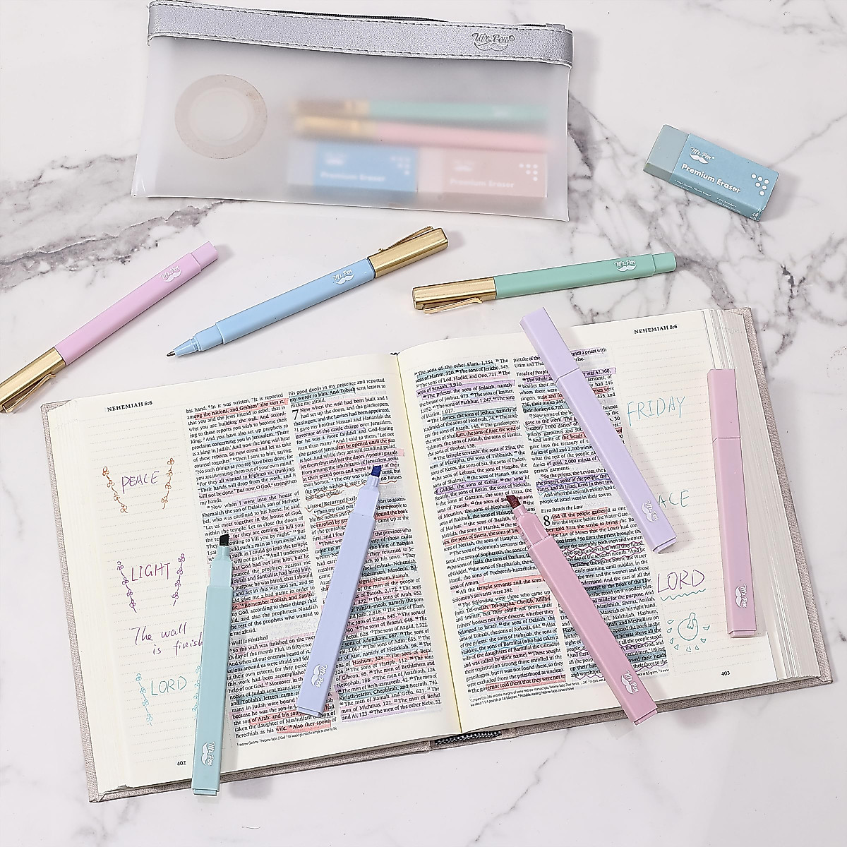 Mr. Pen- Aesthetic Highlighters and Pens No Bleed, 12 Pack, Morandi Color Bible Highlighters for Bibles, Bible Pens