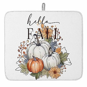 Hello Fall Dish Drying Mat for Kitchen Counter, Thanksgiving Grey Orange Pumpkins Baby Bottle Microfiber Drying Pad, Autumn Sunflower Botanical Absorbent Coffee Cup Dishes Drainer Mats 18"x24", 1 Pcs