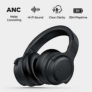 commalta E7 Active Noise Cancelling Headphones, Wireless Bluetooth Headphones with Rich Bass, Wireless Headphones with Built-in Mic, Clear Calls, Bluetooth 5.0, 30 Hours Playtime, Comfort Fit, Black