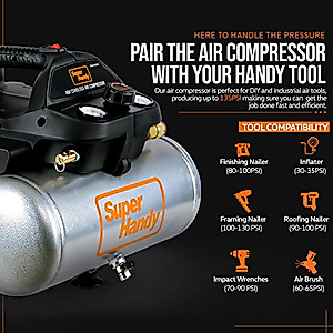 SuperHandy Portable Air Compressor, 2 Gal, 135 PSI, Li-on Battery Operated, 60db Ultra Quiet & Lightweight - For Air Tools, Tire Inflation, & Construction
